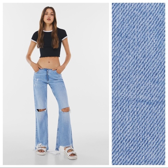 Bershka | Jeans | Nwt Bershka Light Blue Faded Ripped Flare Low Waist ...